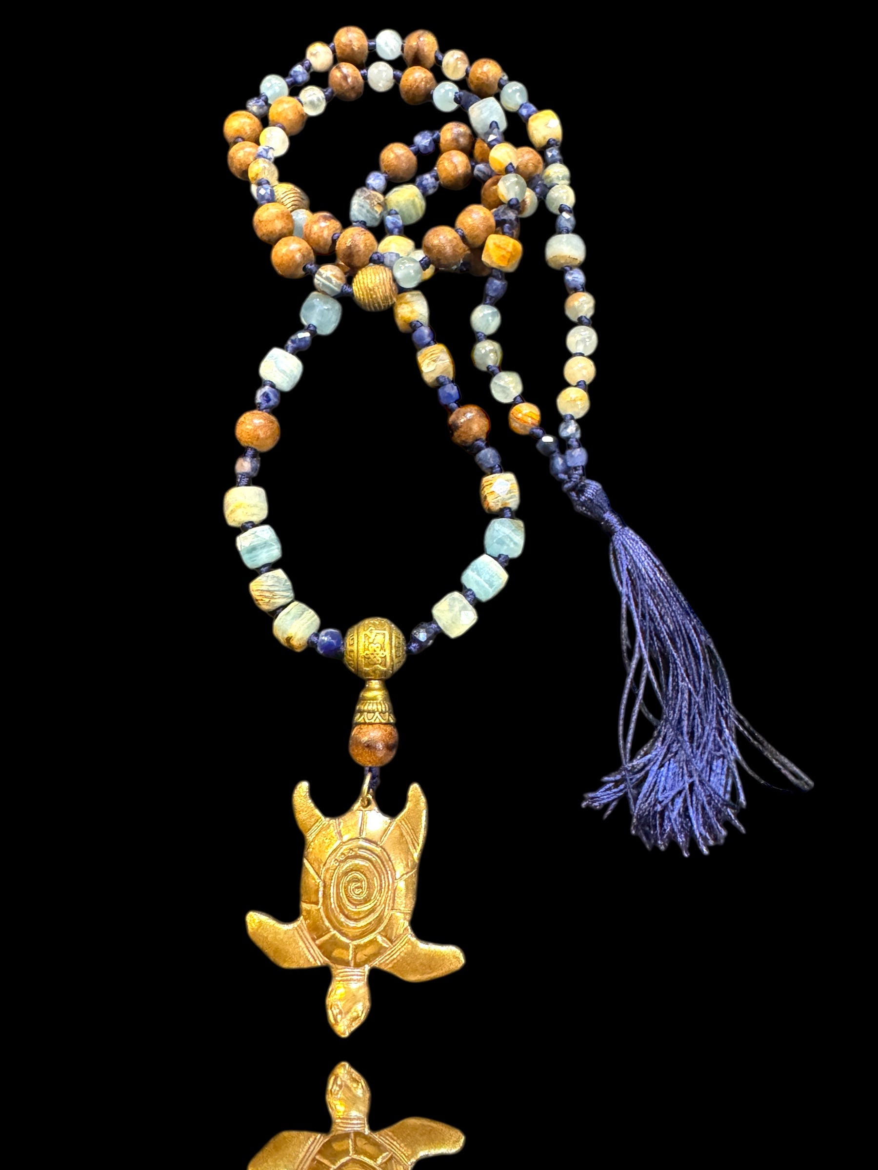Tribal Sea Turtle Pendant in Bronze and Blue Calcite Necklace ...